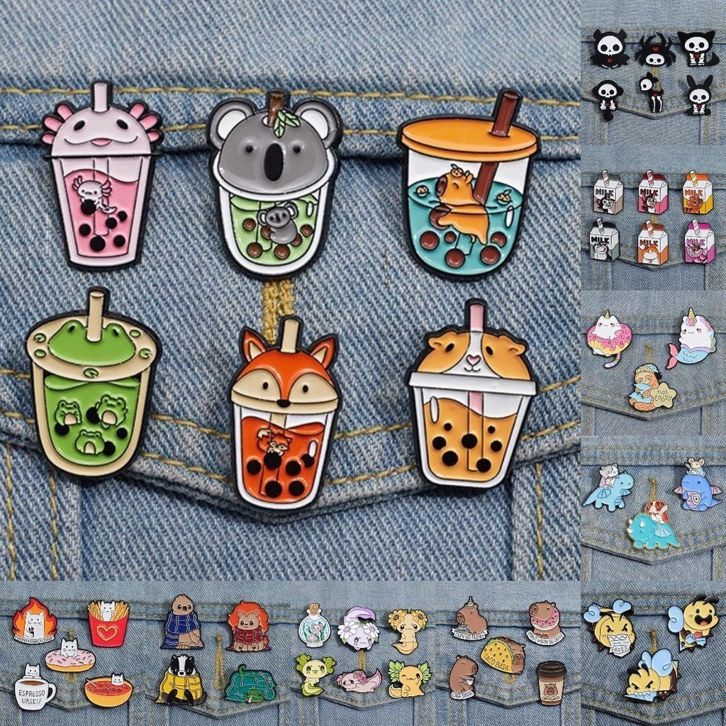 Cute Animal Enamel Pins Brooches CartoonCat Frog Bee Mushroom Metal ...