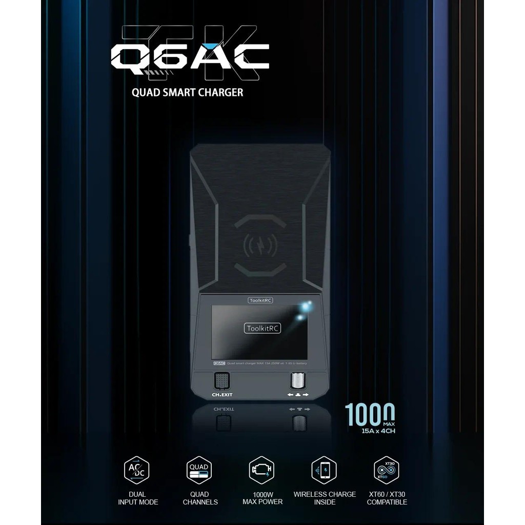 ToolkitRC Q6AC Charger AC 400W/DC 1000W 4CH Output Built-in 65W USB A/TYPEC Output LiPo 1-6S ...