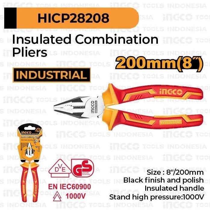 Ingco HICP28208 8 Inch Combination Pliers Rubber Handle Tank Cut Wire ...