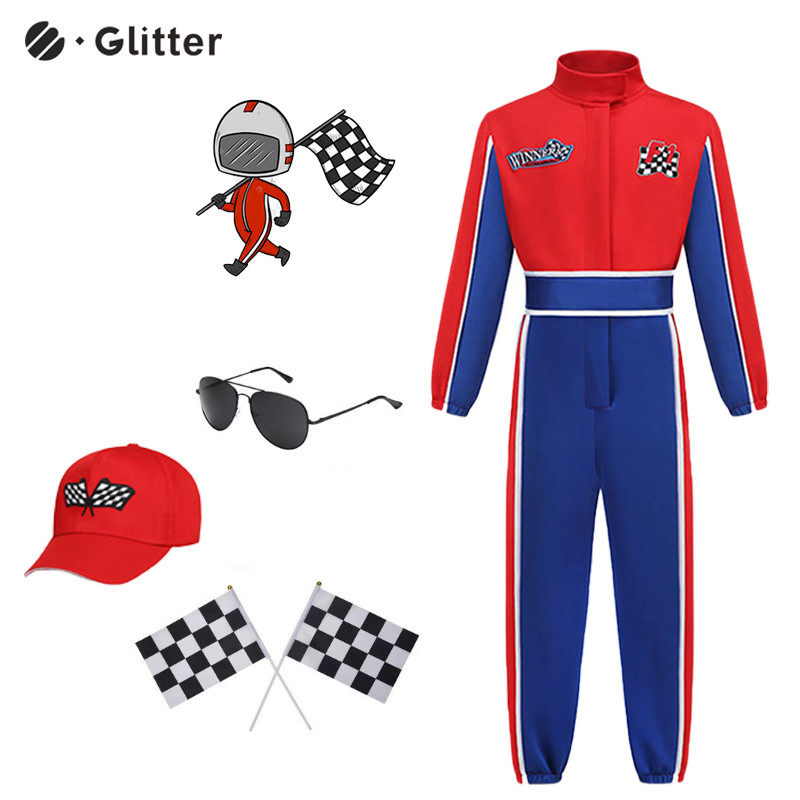 Race Car Driver Costume for Kids Boy Red Blue Racer Uniform Long Sleeve ...