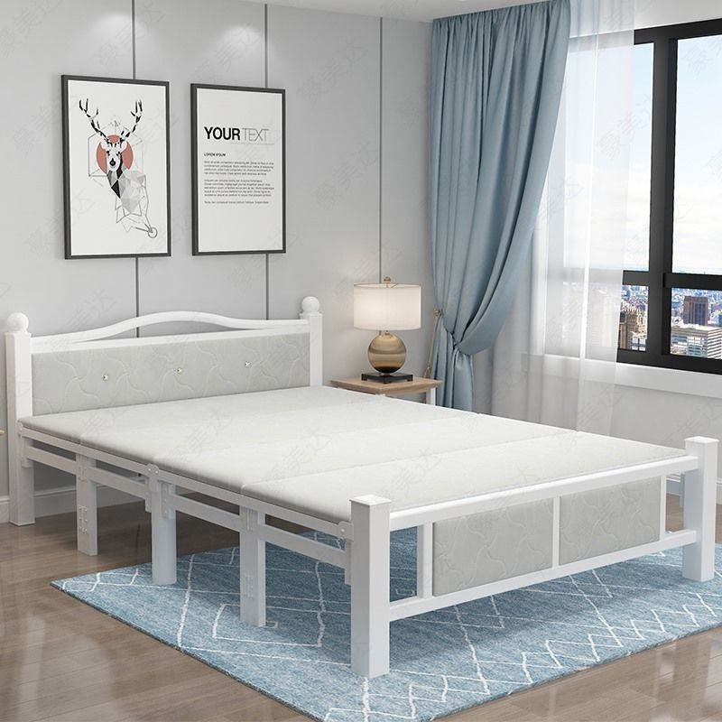Foldable Iron Frame Bed Four-Fold Bed Sheet Double Wooden Bed Simple ...