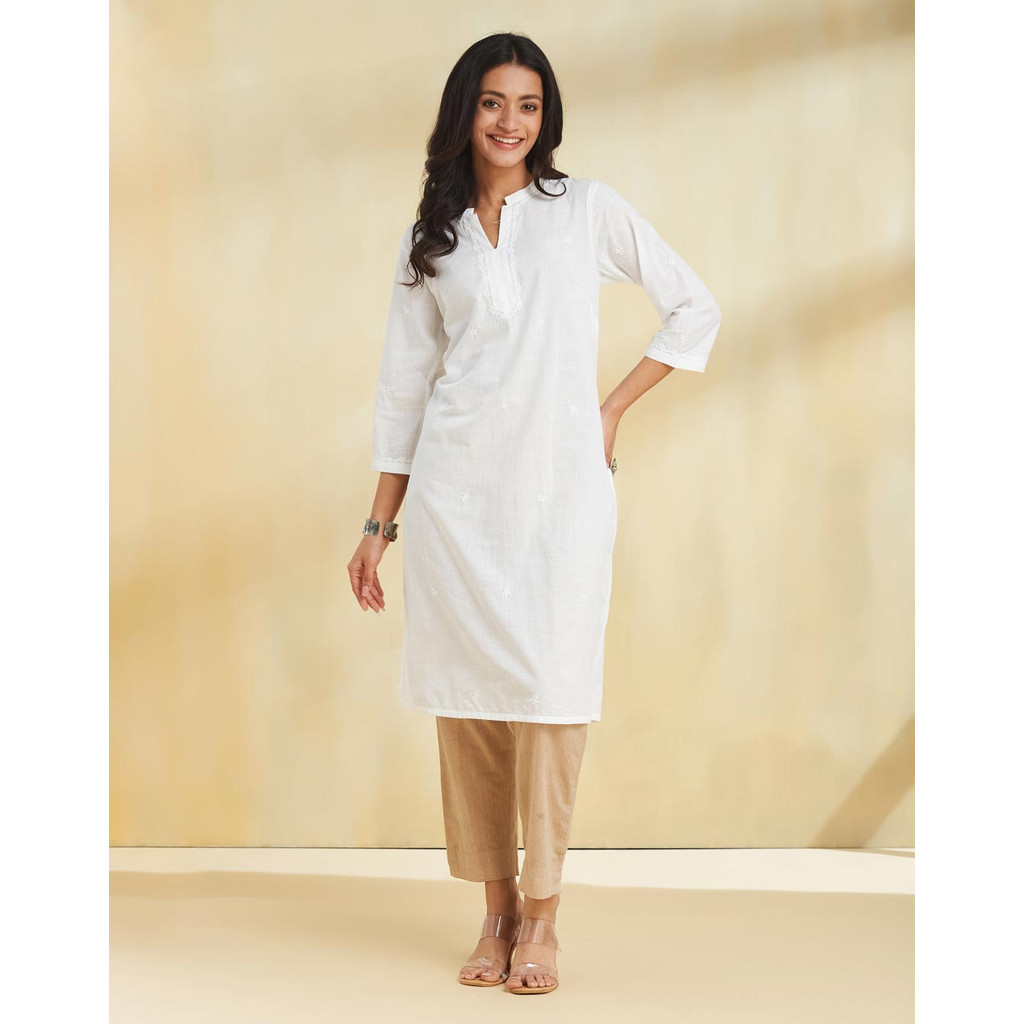 White Cotton Chikankari Knee Length Kurta | Shopee Malaysia