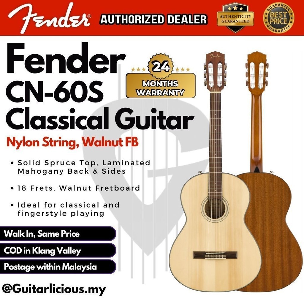Fender CN-60S Nylon String Solid Top Concert Classical Guitar, Walnut ...