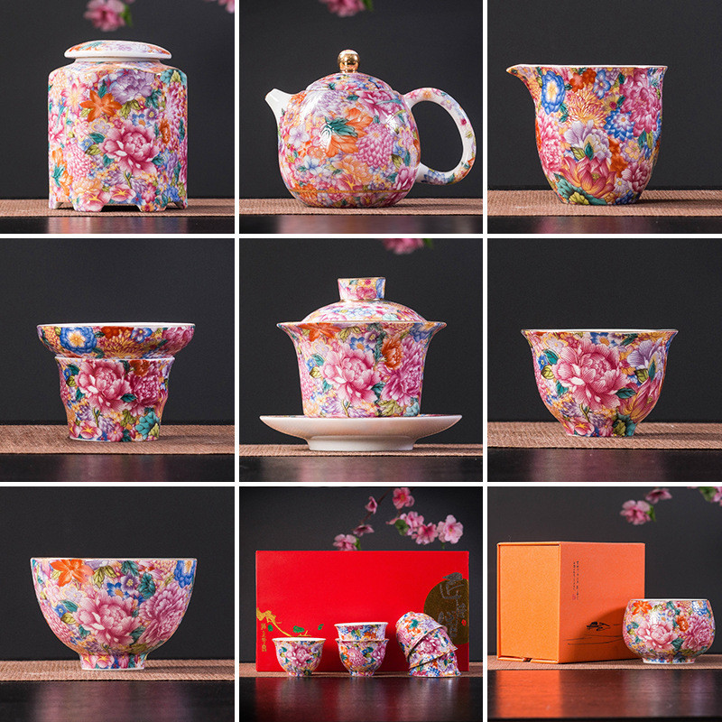 High-end Chinese Enamel Color Kung Fu Tea Set Teapot Ceramic Sancai ...