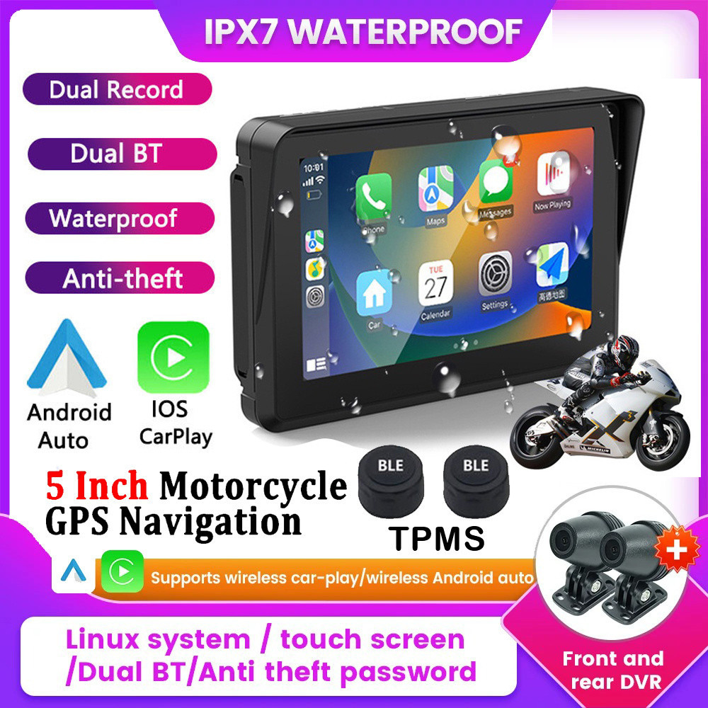 5 inch Motorcycle Carplay Portable Motorcycle Front rear DVR Wireless ...