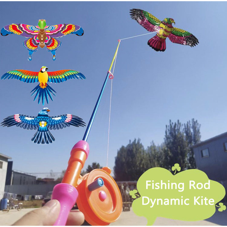 Kite With Fishing Rod Dynamic Cartoon Bird Butterfly Handheld Fishing ...