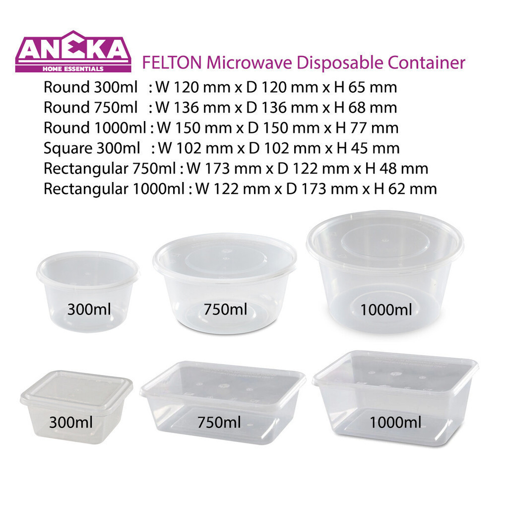 FELTON Microwave Disposable Plastic Container 300ml / 750ml / 1000ml ...