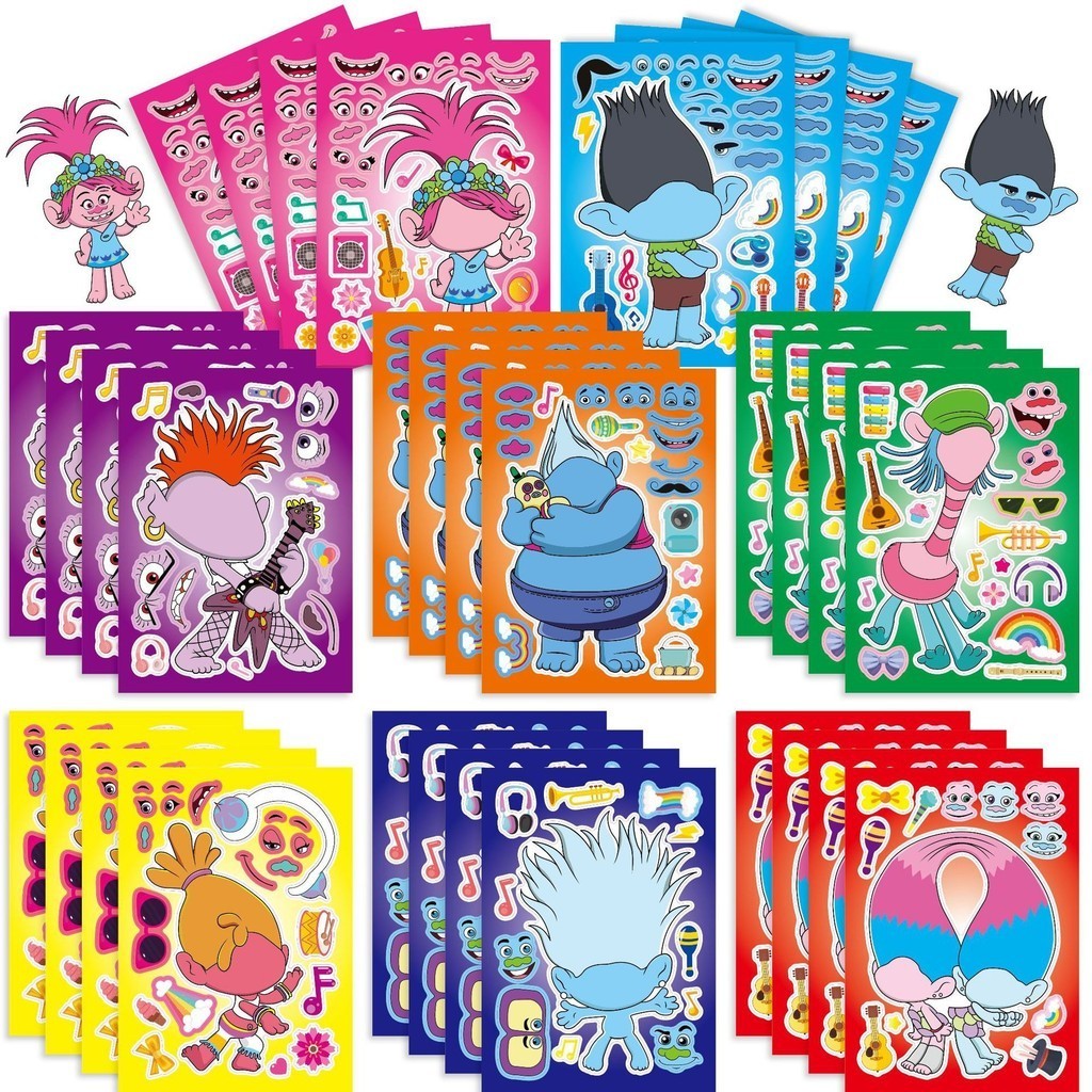 16 Sheets/Pack Movie Trolls Make Your Own Face DIY Puzzle Sticker Kids ...
