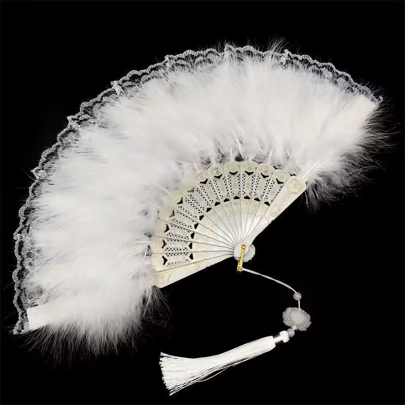 [5114 People Praise] Folding Fan Lolita Lace Cloth Feather Fan Dance ...