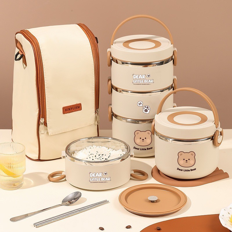 Cartoon Insulated Multi-Layer Round Lunch Box with Lid Sealed Portable ...