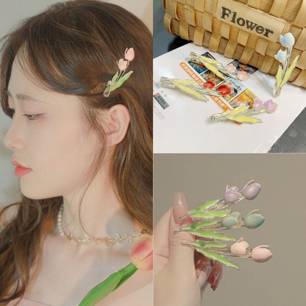 Tulip Flower Style Hairpin Metal Drop Glaze Hair Clip For Women Girls ...