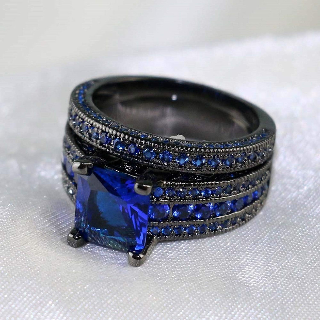 [ready stock]Couple ring set luxury female double-layer black gold blue ...