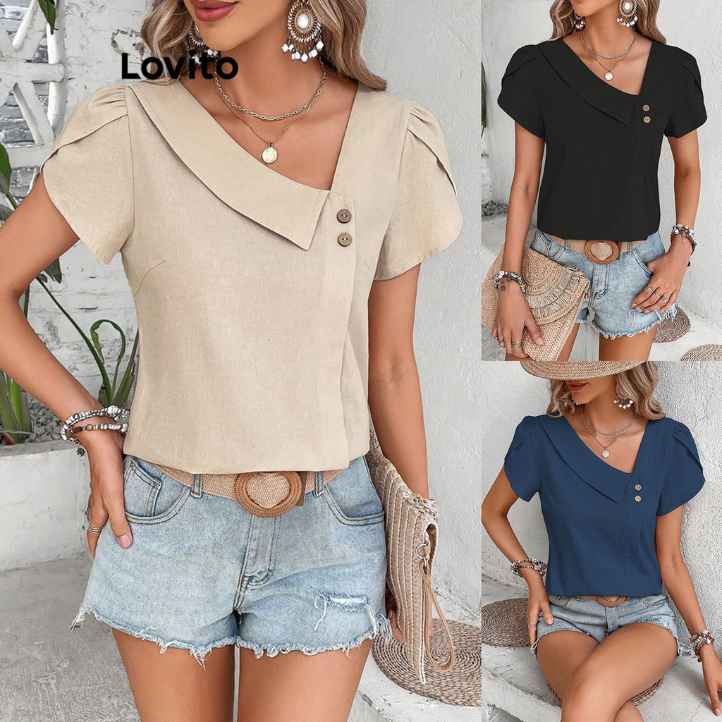 Lovito Elegant Plain Asymmetrical Button Blouse for Women LNL47020 ...