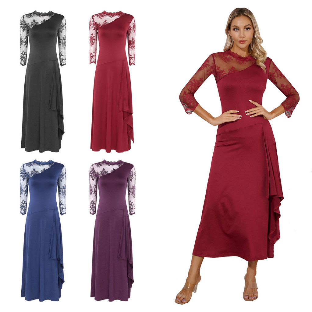 Yanarno Womens See Through Lace Patchwork Party Dress Round Neck 3 4