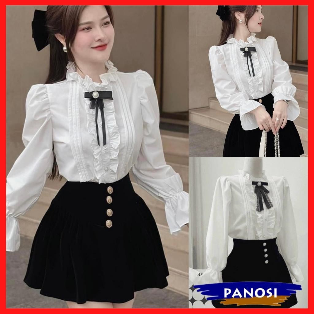 Women's classy ruffled collar shirt with beautiful, luxurious bow tie ...