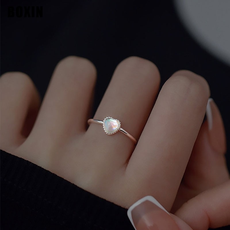 [BOXIN] Copper Silver Plated Colorful Aurora Moonlight Stone Love Ring ...