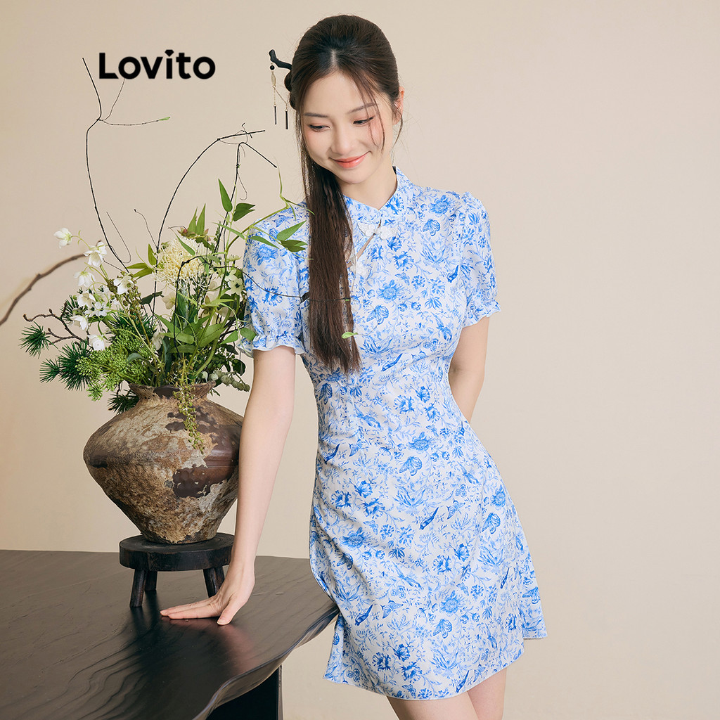 Lovito Casual Ditsy Floral Button Lettuce Trim Puff Sleeve Dress for ...