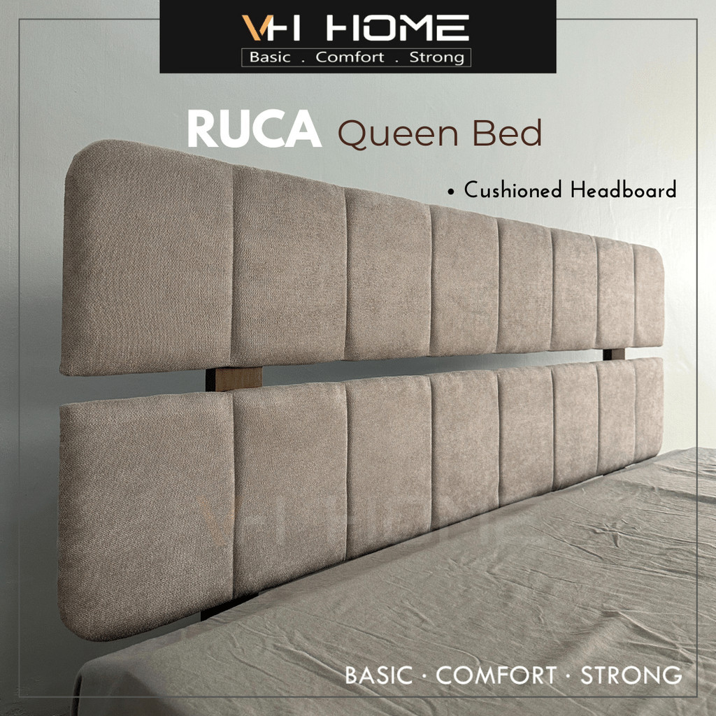RUCA Queen Bed Frame Cushioned Headboard Katil Kayu Queen Queen Size ...