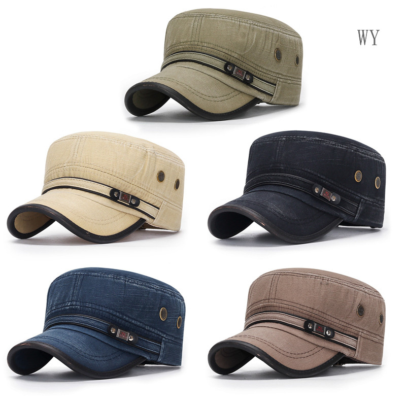 WY Men's Washed And Distressed Flat-Top Leather-Trimmed Retro Cap ...