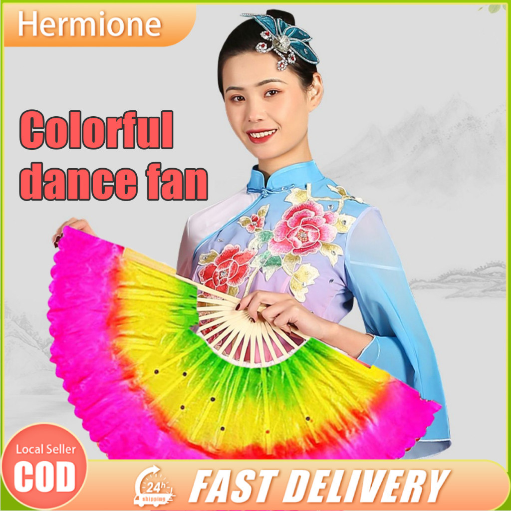 Colorful Bamboo Ribs Dance Fan Chinese Dye Gradient Silk Veil Double ...