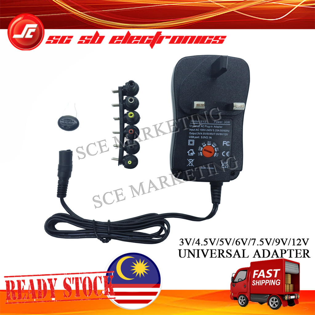 6 IN 1 MULTIFUNCTION UNIVERSAL AC/DC 30W POWER ADAPTER CENTRE POSITIVE PLUG CHARGER 3V/4.5V/5V ...