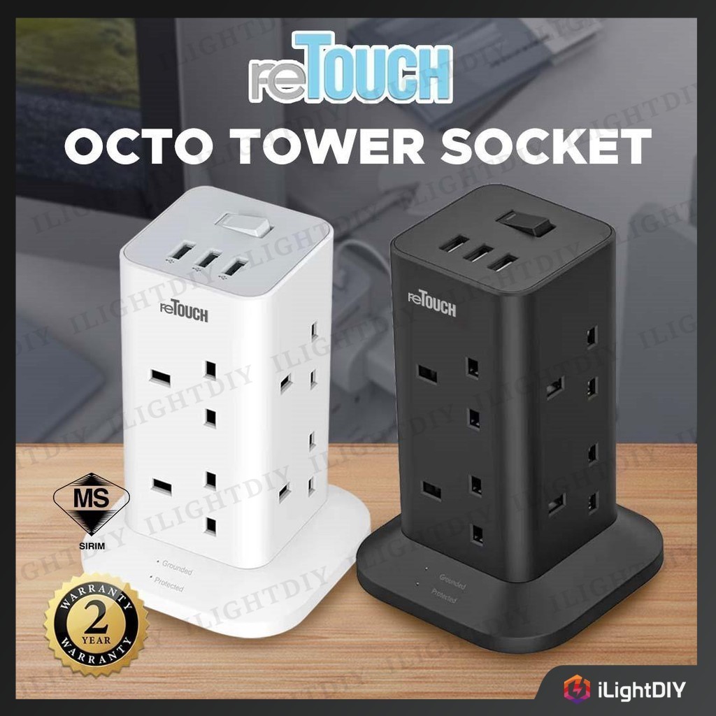 RETOUCH OCTO TOWER SOCKET 13A 3250W 8AC SOCKET 3 USB PORT 2M SURGE ...