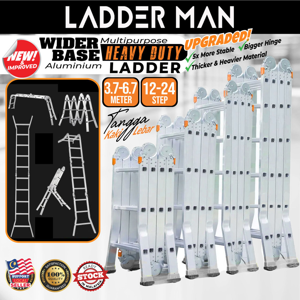 3.7M-6.7M Wider Base Heavy Duty Foldable Ladder Multipurpose Aluminium ...