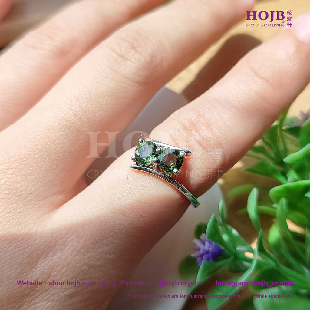 HOJB Authentic Moldavite 6A Twins Star Design S925 Silver Ring 5mm 聚寶軒纯正捷克流星绿陨石6A双子星设计款S925银戒指 ...