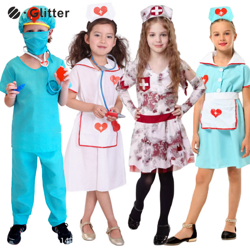 Doctor Nurse Costume for Kids Girl Career White Blue Bloody Dress ...