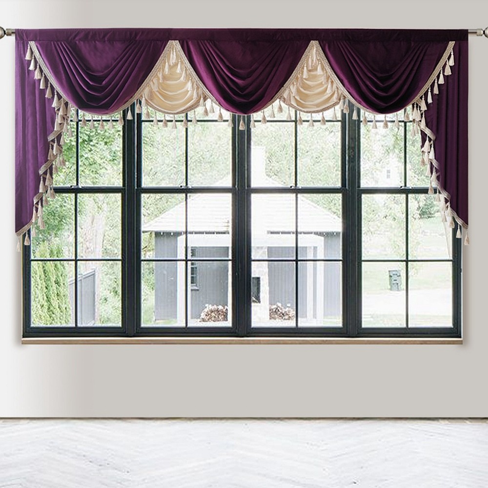Premium Soft Purple Beige Velvet Waterfall Valance with Fringe Tassels ...