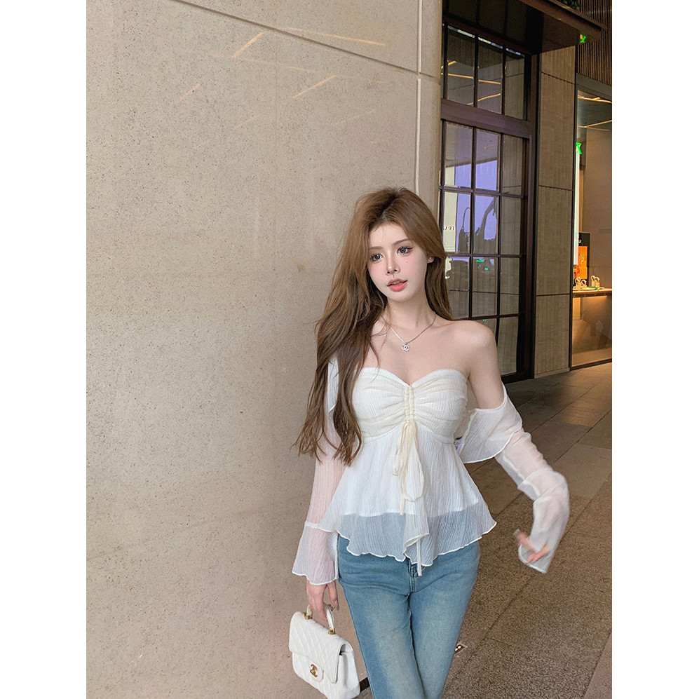 Trumpet Sleeve Sunscreen Pleated Summer Two-Piece Suit Wrap Chest ...