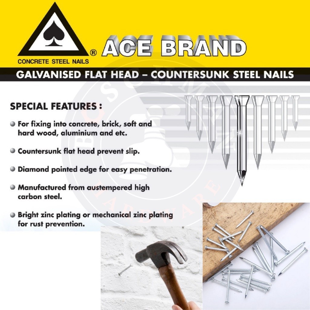 Ace Brand Concrete Nails Wall Nail Flat Head Paku Concrete Konkrit Paku ...