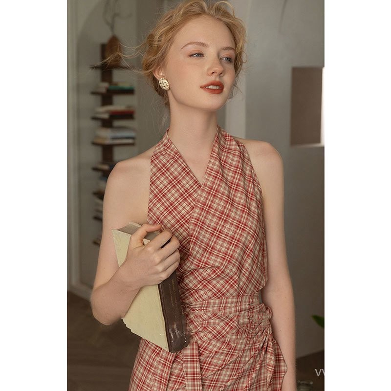 Hotshine| Walking Fashion Week French Red White Plaid Check Halter Neck ...