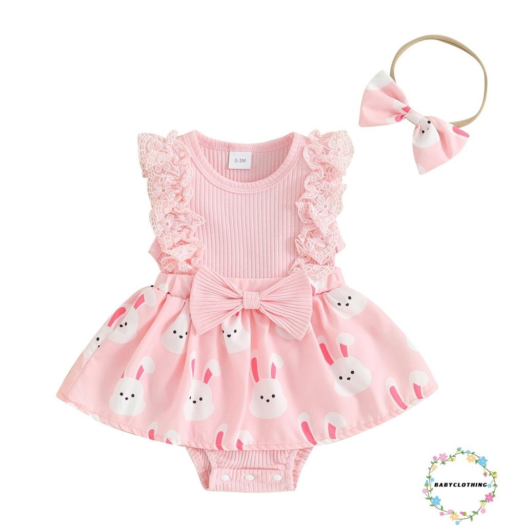 Babyclothes-Baby Girl 2 Piece Outfits Floral Print Lace Ruffle Romper Dress and Headband Cute ...