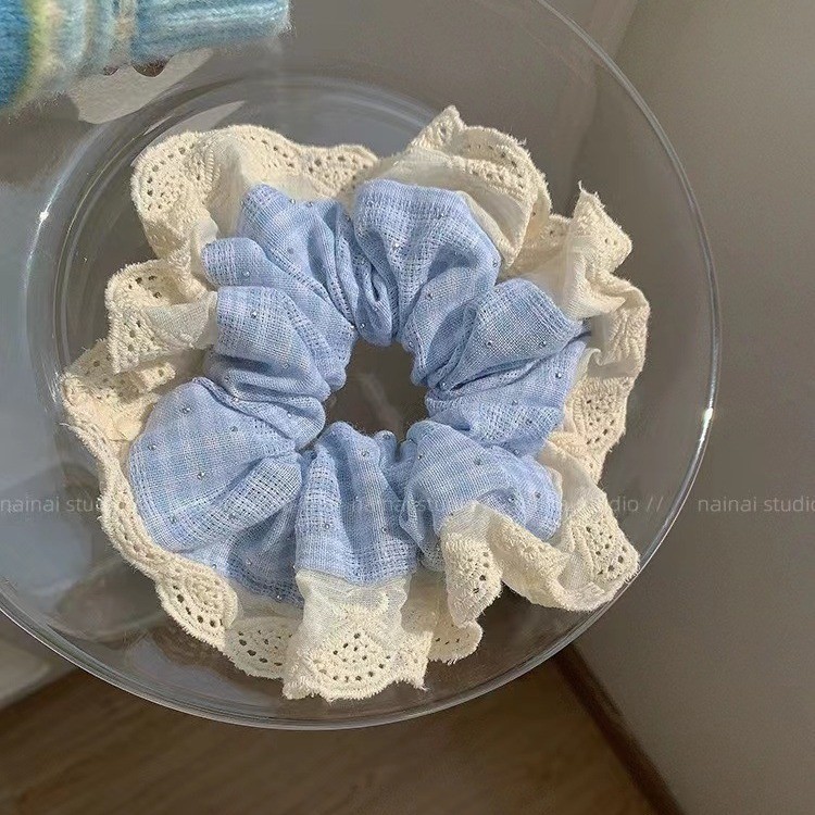 2024 Blue Scrunchy Hair Tie Ballet Style Cream Plaid Hair Accessories ...