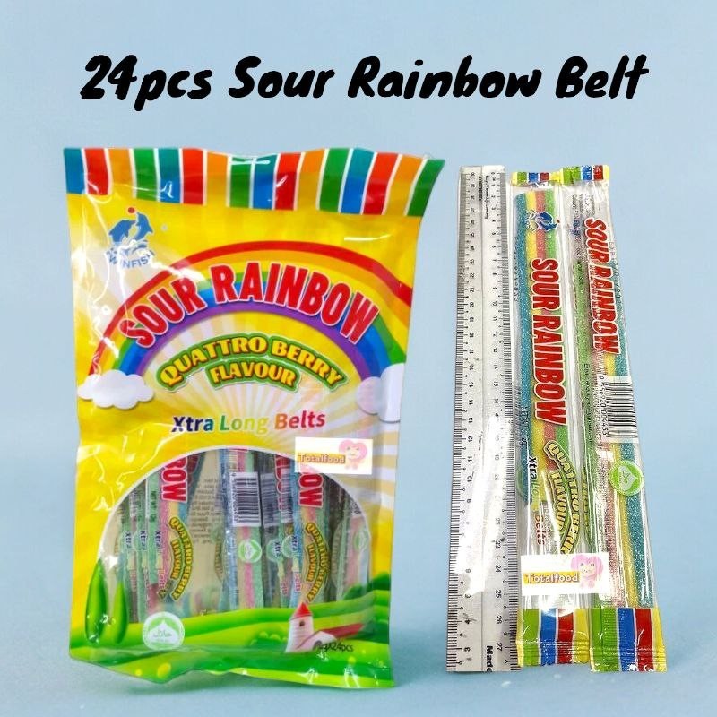 Twinfish Sour rainbow gummy belt long colourful sweets gula jelly 24pcs ...