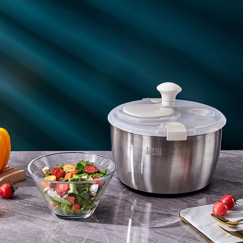 Large Stainless Steel Pump Salad Spinner with Drain, Bowl, and Colander ...