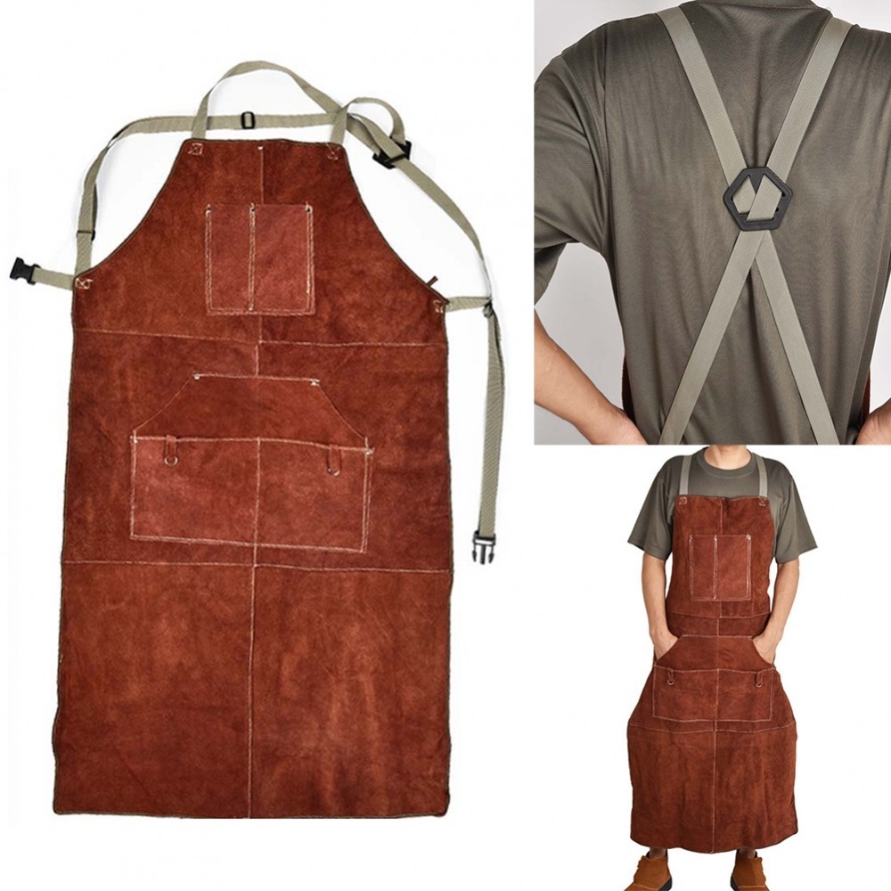 Leather Welding Apron With 6 pockets for men Heavy Duty Apron Heat and ...