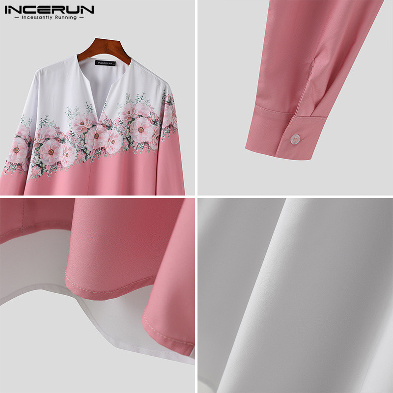 INCERUN Men Korean Fashion Floral Printed V-Neck Long Sleeve Shirts ...