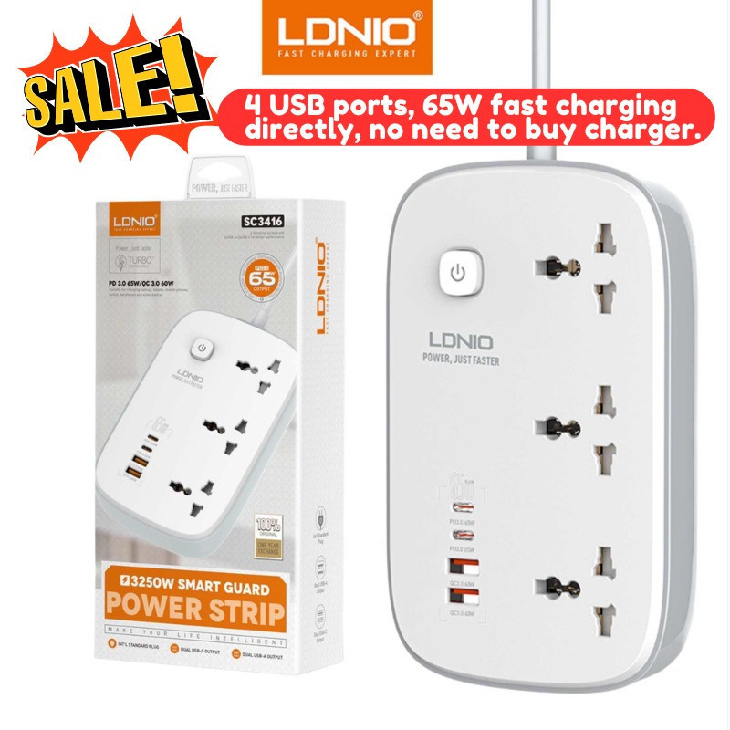 LDNIO SC3416 3250W POWER STRIP 3 AC SOCKET + 65W GAN DUAL TYPE-C PD 3.0 ...