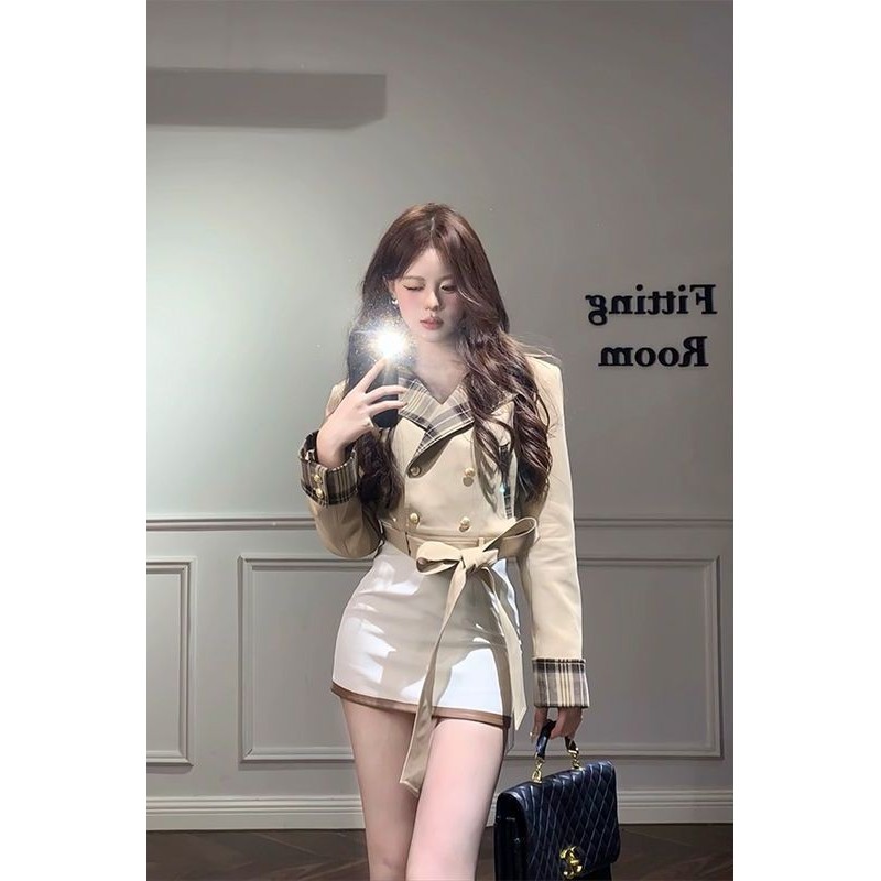 Musim luruh wanita baru gaya british jaket kot parit blok warna pendek ...