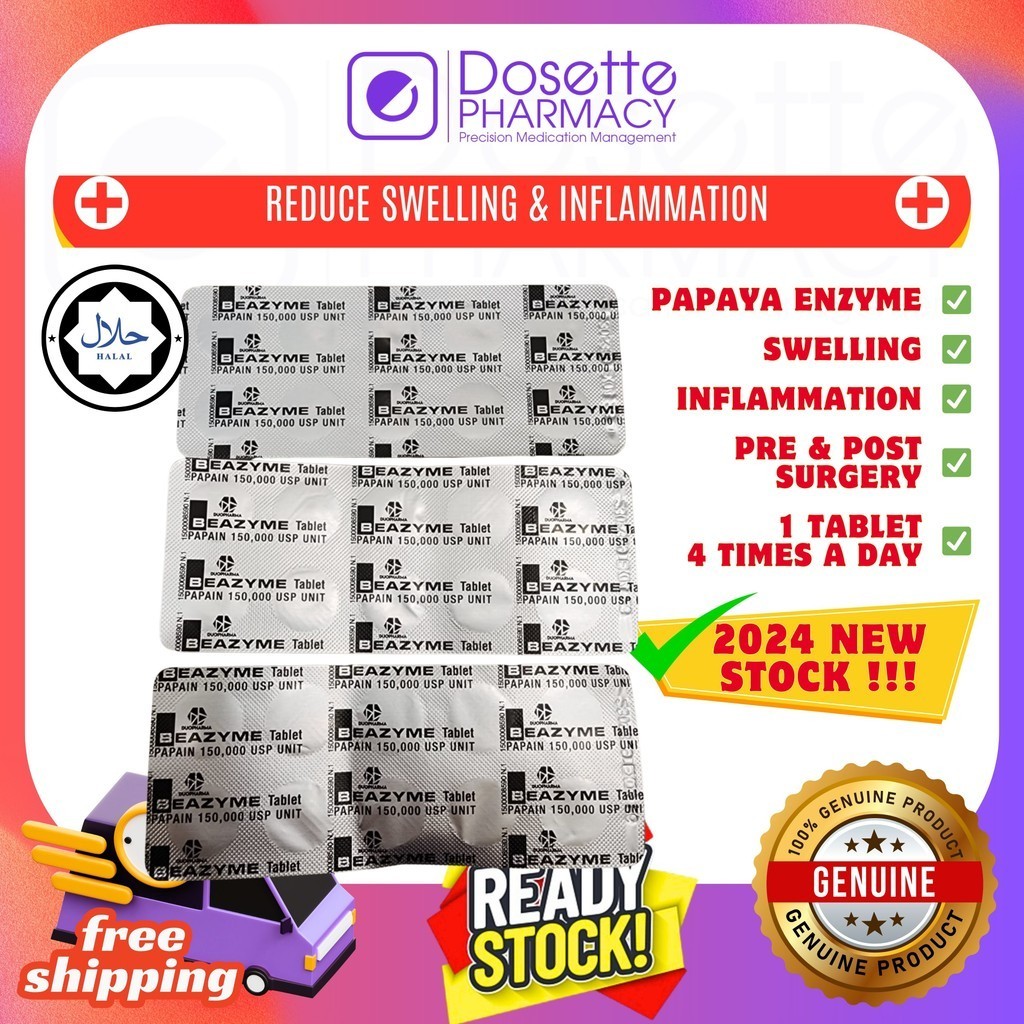 BEAZYME PAPAIN 15,000 TAB 10'S (EXP 03/2026) 1/3/5 REDUCE SWELLING PAIN ...