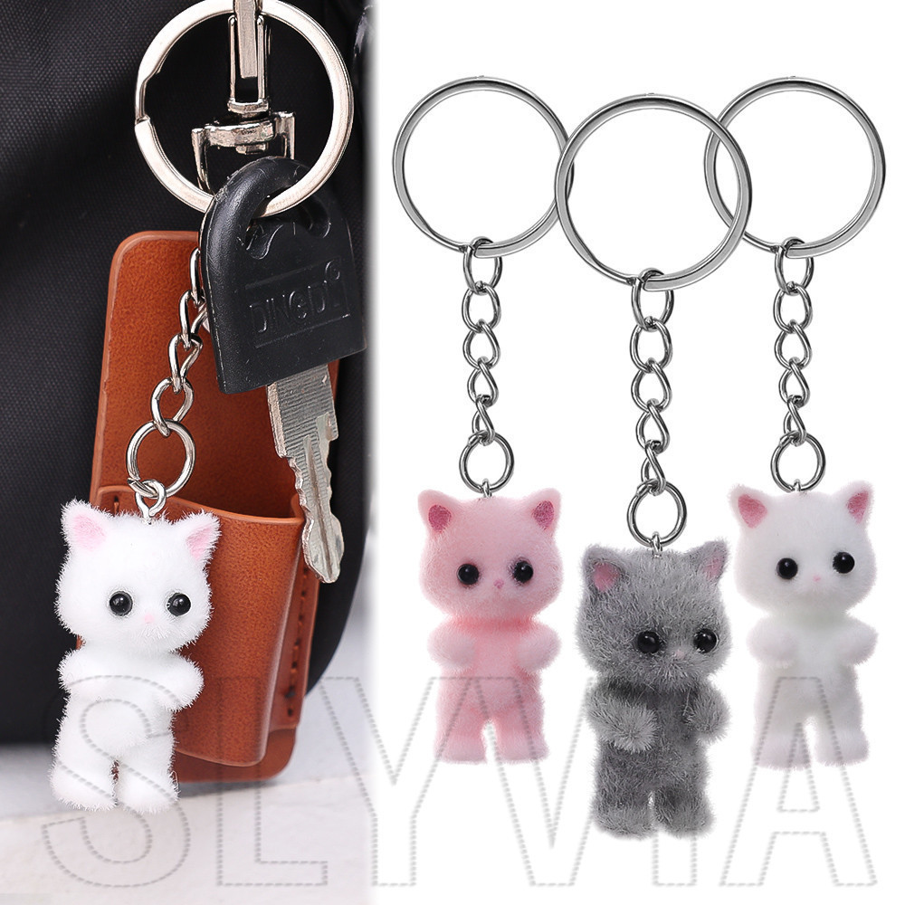 Backpack, Car Decoration - 3D Flocking Cat Keychain - Kawaii Fuzzy Animal Pendant - Cute ...