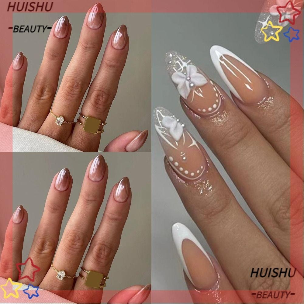 HUISHU False Nails, Long Almond French Fake Nials, Manicure Pearl ...
