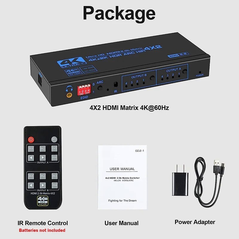 4K 60Hz HDMI Matrix 4x2 with Optical & 3.5mm Stereo Audio Out HDMI ...