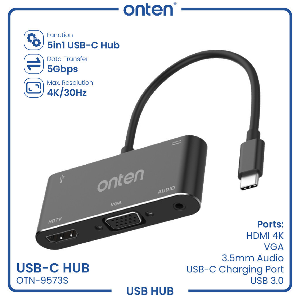 Onten 5in1 Type-C Hub Display HDMI VGA Audio USB Charging OTN-9573S ...