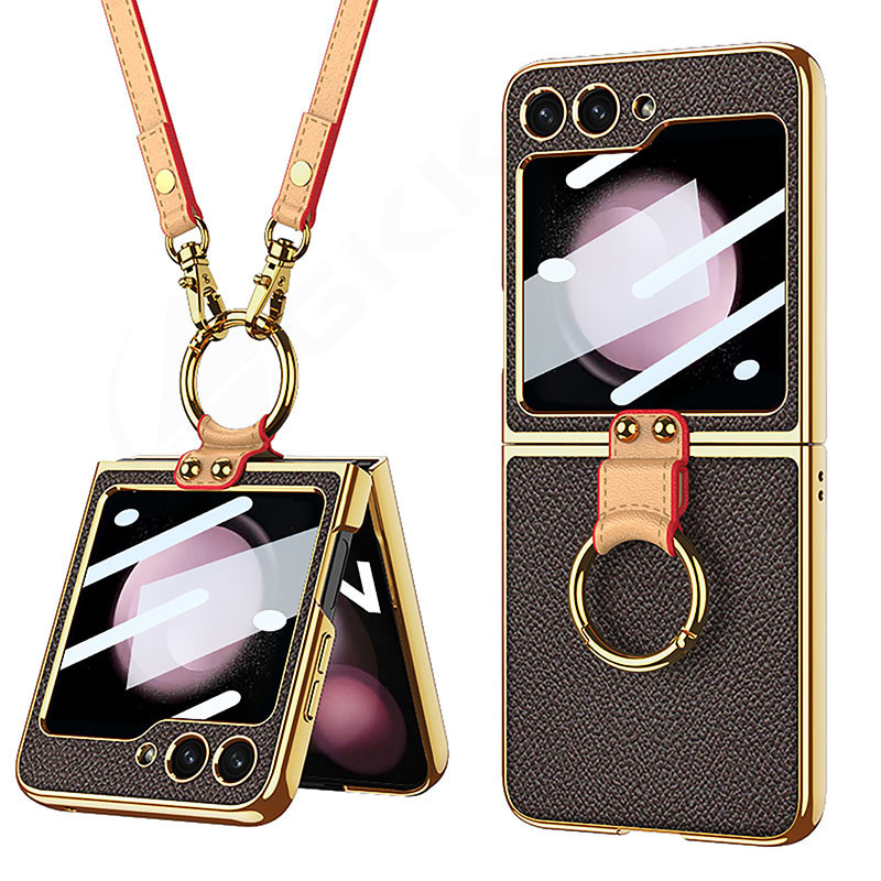 Flip 5 Case Electroplated Leather Strap Hard Case for Samsung Galaxy Z ...