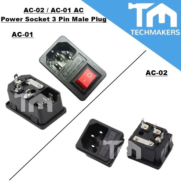 AC-02 / AC-01 AC Power Socket 3 Pin Male Plug Connector 250V with Fuse ...