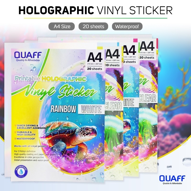 Quaff Printable Hologram Vinyl Inkjet Sticker A4 Size Waterproof (20 Sheets) School Supplies ...