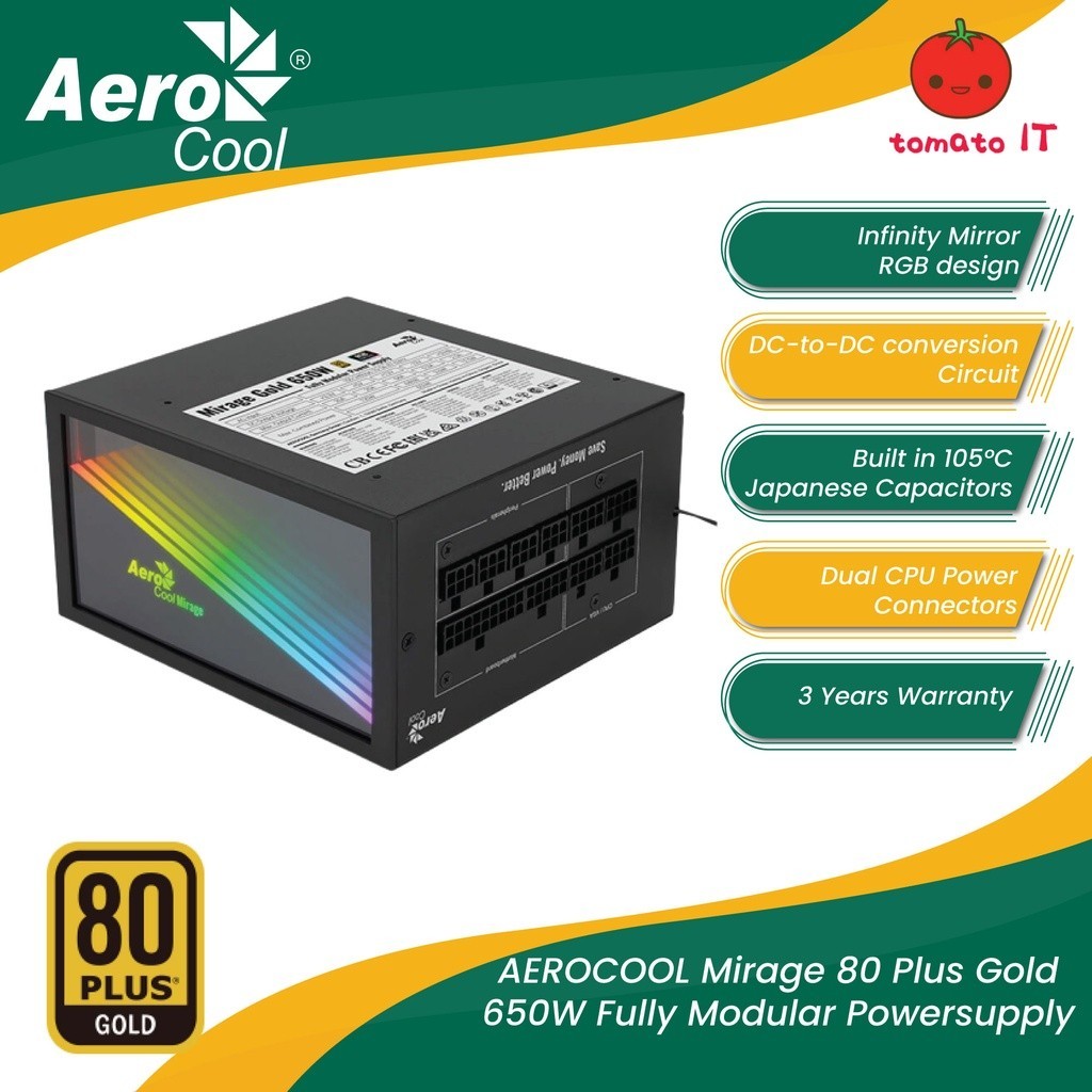 AEROCOOL Mirage 650W ARGB 80 Plus Gold Fully Modular Power Supply Unit ...
